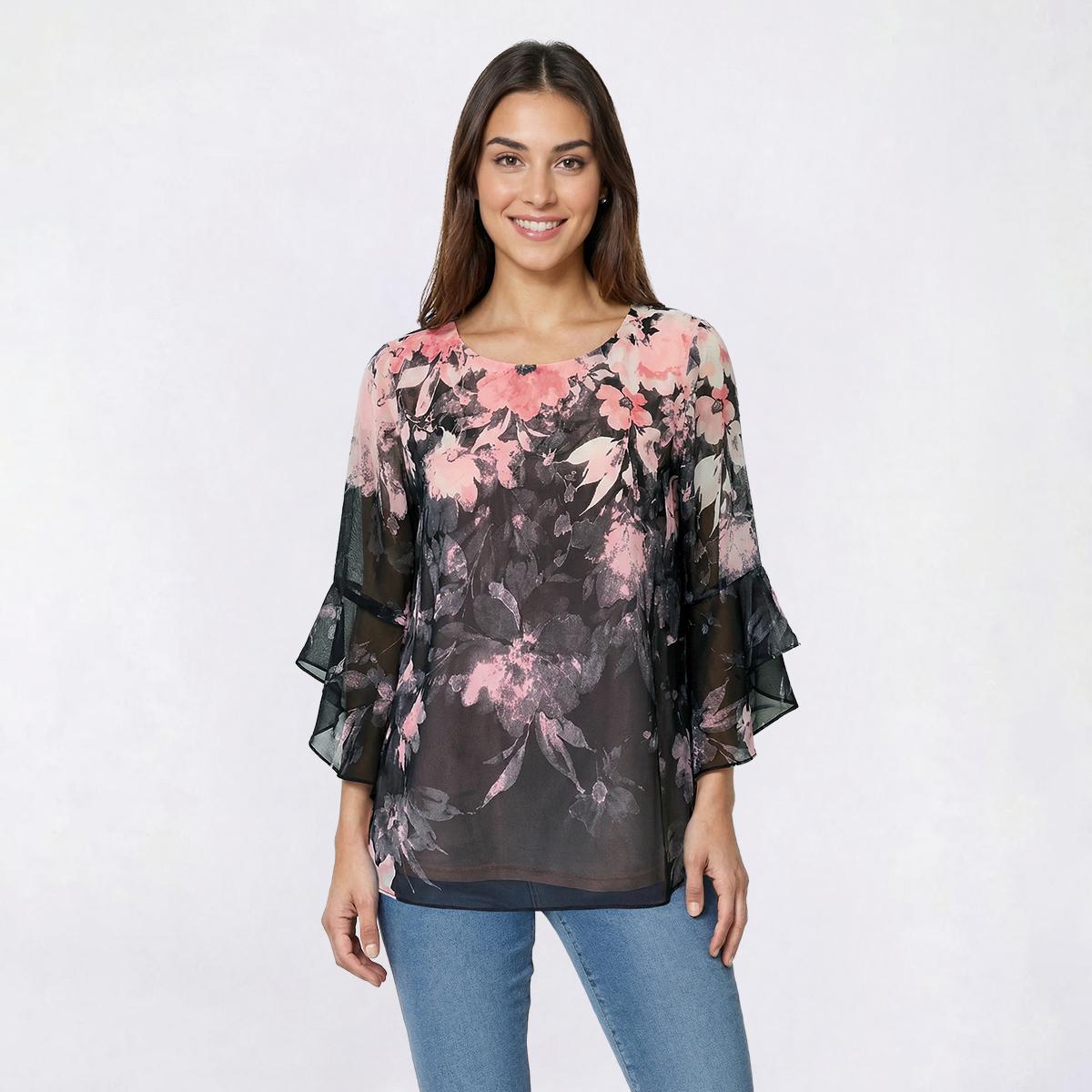 Click here for Womens Kasper Flounce Sleeve Ombre Floral Blouse prices